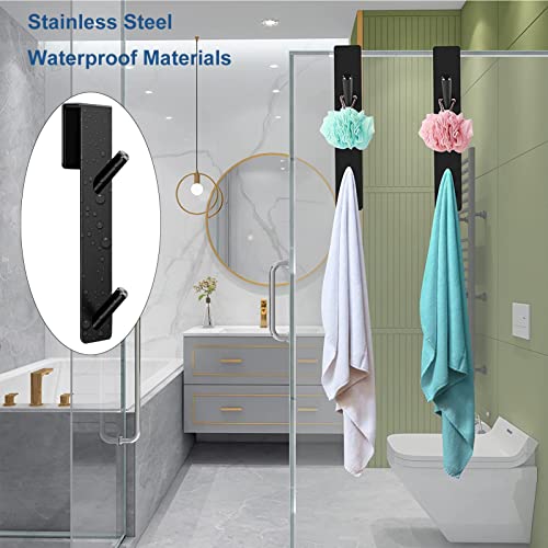 LuxLumin Shower Door Hooks, 7.5 Inches Over The Door Towel Hooks Hanger Extended for Bathroom Frameless Glass Door, Robe Sponge Bath Hook Stainless Steel Black 3 Pack