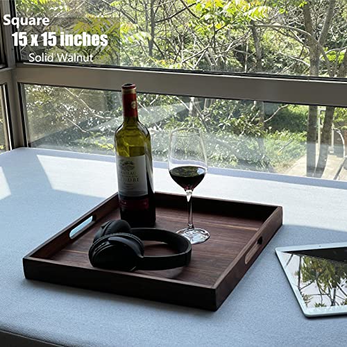 MAGIGO 15 x 15 Inches Medium Square Black Walnut Wood Ottoman Tray with Handles, Serve Tea, Coffee Classic Wooden Decorative Serving Tray