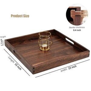 MAGIGO 15 x 15 Inches Medium Square Black Walnut Wood Ottoman Tray with Handles, Serve Tea, Coffee Classic Wooden Decorative Serving Tray