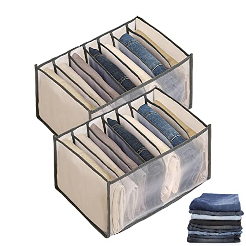 BULFULL 2PCS Wardrobe Clothes Organizer 7 Grids, Washable Clothes Organizer for Folded Clothes, Drawer Dividers for Organizer Jeans Organizer for Closet Pant Organizer