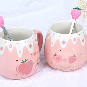 XinHuiGY Pink Mug,Cute Strawberry Cup with Cover Spoon,Ceramic Coffee Mug, Kawaii Cup for Tea Milk,Women Girls Student Korean Style 450ML Christmas Birthday Gift