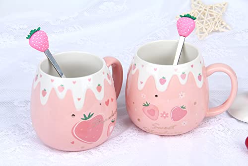 XinHuiGY Pink Mug,Cute Strawberry Cup with Cover Spoon,Ceramic Coffee Mug, Kawaii Cup for Tea Milk,Women Girls Student Korean Style 450ML Christmas Birthday Gift