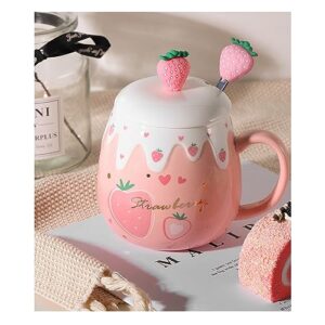 XinHuiGY Pink Mug,Cute Strawberry Cup with Cover Spoon,Ceramic Coffee Mug, Kawaii Cup for Tea Milk,Women Girls Student Korean Style 450ML Christmas Birthday Gift