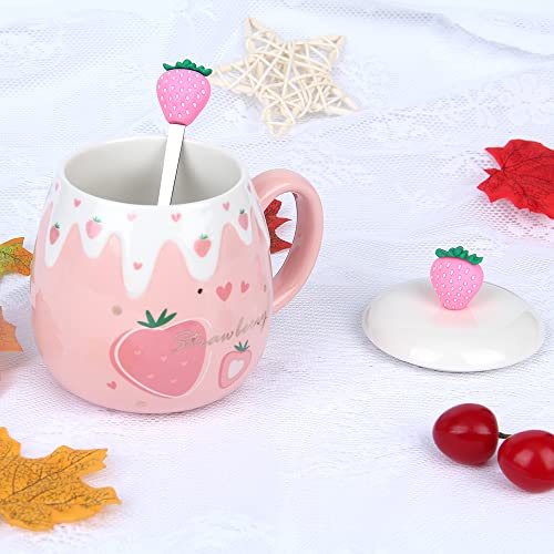 XinHuiGY Pink Mug,Cute Strawberry Cup with Cover Spoon,Ceramic Coffee Mug, Kawaii Cup for Tea Milk,Women Girls Student Korean Style 450ML Christmas Birthday Gift