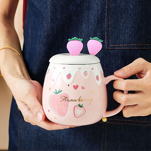 XinHuiGY Pink Mug,Cute Strawberry Cup with Cover Spoon,Ceramic Coffee Mug, Kawaii Cup for Tea Milk,Women Girls Student Korean Style 450ML Christmas Birthday Gift