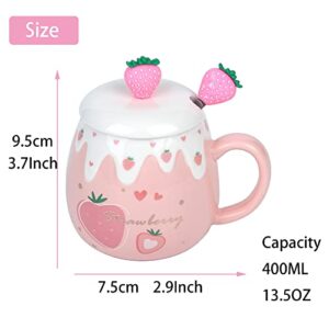 XinHuiGY Pink Mug,Cute Strawberry Cup with Cover Spoon,Ceramic Coffee Mug, Kawaii Cup for Tea Milk,Women Girls Student Korean Style 450ML Christmas Birthday Gift