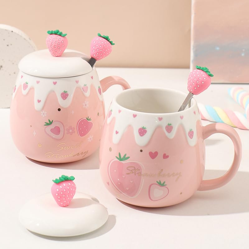 XinHuiGY Pink Mug,Cute Strawberry Cup with Cover Spoon,Ceramic Coffee Mug, Kawaii Cup for Tea Milk,Women Girls Student Korean Style 450ML Christmas Birthday Gift