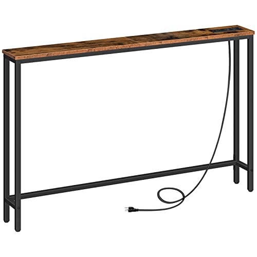 HOOBRO Skinny Console Table with Power Outlets and USB Ports, Table with Charging Station, Narrow Sofa Table, Behind Couch Table, for Entryway, Hallway, Foyer, Rustic Brown BF15XG01G1