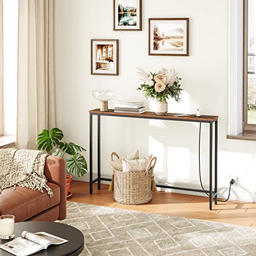 HOOBRO Skinny Console Table with Power Outlets and USB Ports, Table with Charging Station, Narrow Sofa Table, Behind Couch Table, for Entryway, Hallway, Foyer, Rustic Brown BF15XG01G1