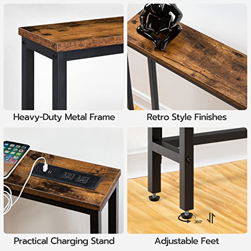 HOOBRO Skinny Console Table with Power Outlets and USB Ports, Table with Charging Station, Narrow Sofa Table, Behind Couch Table, for Entryway, Hallway, Foyer, Rustic Brown BF15XG01G1