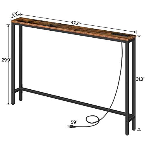 HOOBRO Skinny Console Table with Power Outlets and USB Ports, Table with Charging Station, Narrow Sofa Table, Behind Couch Table, for Entryway, Hallway, Foyer, Rustic Brown BF15XG01G1