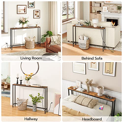 HOOBRO Skinny Console Table with Power Outlets and USB Ports, Table with Charging Station, Narrow Sofa Table, Behind Couch Table, for Entryway, Hallway, Foyer, Rustic Brown BF15XG01G1