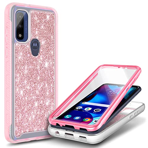 NZND Case for Motorola Moto G Pure, Moto G Play 2023/G Power 2022 with [Built-in Screen Protector], Full-Body Protective Shockproof Rugged Bumper Cover Durable Phone Case (Glitter Rose Gold)