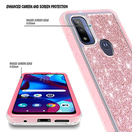 NZND Case for Motorola Moto G Pure, Moto G Play 2023/G Power 2022 with [Built-in Screen Protector], Full-Body Protective Shockproof Rugged Bumper Cover Durable Phone Case (Glitter Rose Gold)