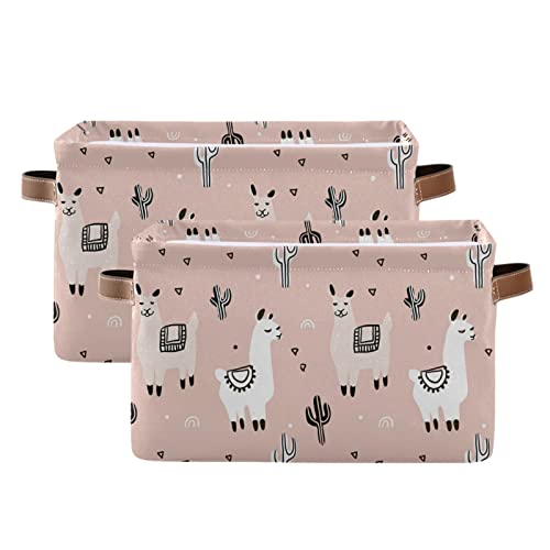 Cartoon Llama Alpaca Cactus Storage Bin Canvas Toys Storage Basket Bin Large Storage Cube Box Collapsible with Handles for Home Office Bedroom Closet Shelves,2 pcs