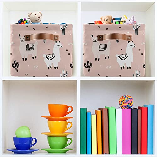 Cartoon Llama Alpaca Cactus Storage Bin Canvas Toys Storage Basket Bin Large Storage Cube Box Collapsible with Handles for Home Office Bedroom Closet Shelves,2 pcs