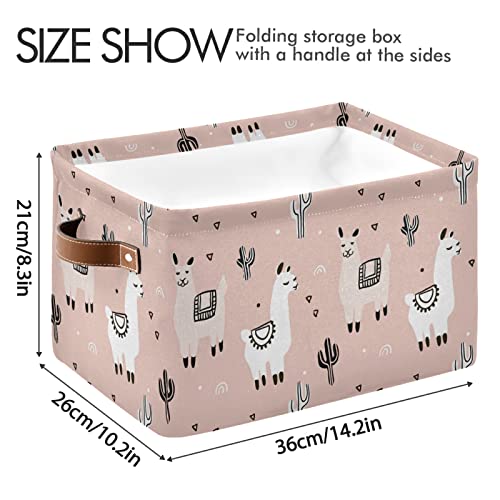 Cartoon Llama Alpaca Cactus Storage Bin Canvas Toys Storage Basket Bin Large Storage Cube Box Collapsible with Handles for Home Office Bedroom Closet Shelves,2 pcs