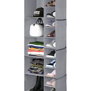 Libeder Shoe Organizer for Closet, 15 Shelf Hanging Closet Storage Shelves - 10 Shoe Rack Organizer and 5 Compartment for Clothes with 6 Side Mesh Pockets for Scarves Socks,Gloves Grey