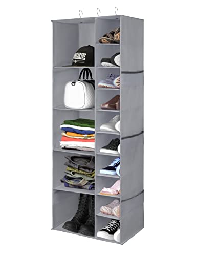 Libeder Shoe Organizer for Closet, 15 Shelf Hanging Closet Storage Shelves - 10 Shoe Rack Organizer and 5 Compartment for Clothes with 6 Side Mesh Pockets for Scarves Socks,Gloves Grey