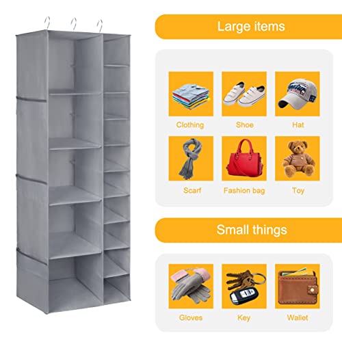 Libeder Shoe Organizer for Closet, 15 Shelf Hanging Closet Storage Shelves - 10 Shoe Rack Organizer and 5 Compartment for Clothes with 6 Side Mesh Pockets for Scarves Socks,Gloves Grey