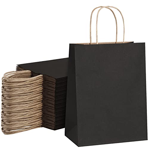 SHOPDAY Black Paper Gift Bags, Kraft Paper Bags with Handles Bulk 8x4.25x10.5 100 Pack Medium Size, Recyclable Black Craft Shopping Bags, Party Bags, Birthday Goody Bags, Retail Bags for Business