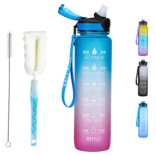 RealCool Water Bottle with Straw, Motivational Water Bottle with Times to Drink for Women Men-32 oz Gym Water Bottle Leakproof BPA Free Sports Water Bottle with 2 Brush, Blue Pink