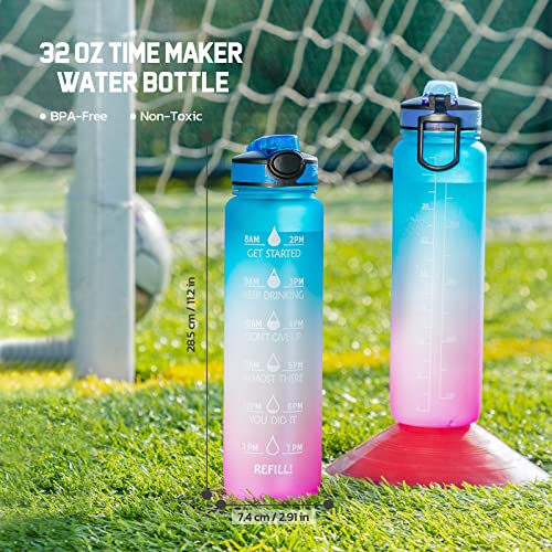 RealCool Water Bottle with Straw, Motivational Water Bottle with Times to Drink for Women Men-32 oz Gym Water Bottle Leakproof BPA Free Sports Water Bottle with 2 Brush, Blue Pink