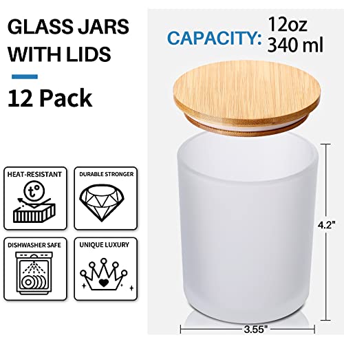 Aminigram 12 Pack, 12 OZ Frosted Candle Jars with Bamboo Lids, Empty Matte White Glass Candle Jars for Making Candles, Morden Kitchen Bathroom Small Things Container - Bonus 36 Sticky Labels