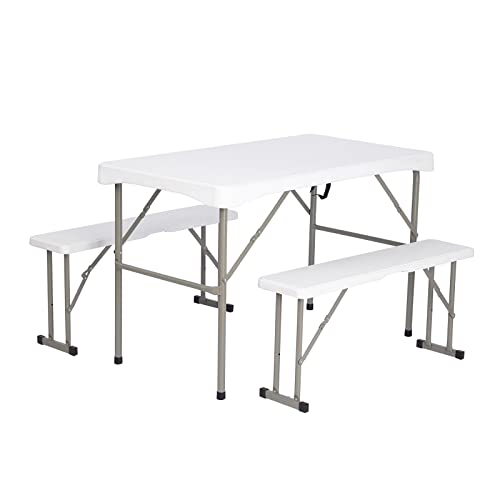 Lakhow-3-piece Table and Bench   Resin 3-Piece Folding Bench and Table Set, 2 Benches(35.4inch) and Table(44.5inch),with Seating Set Plastic Folding Table Portable Dining Table Party Camping Table