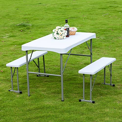 Lakhow-3-piece Table and Bench   Resin 3-Piece Folding Bench and Table Set, 2 Benches(35.4inch) and Table(44.5inch),with Seating Set Plastic Folding Table Portable Dining Table Party Camping Table