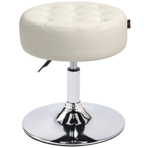 Furniliving Mid-Century Tufted Adjustable Swivel Makeup Ottoman Stool; Modern Big Size Round Vanity Stool Chair for Bedroom Living Room (White)