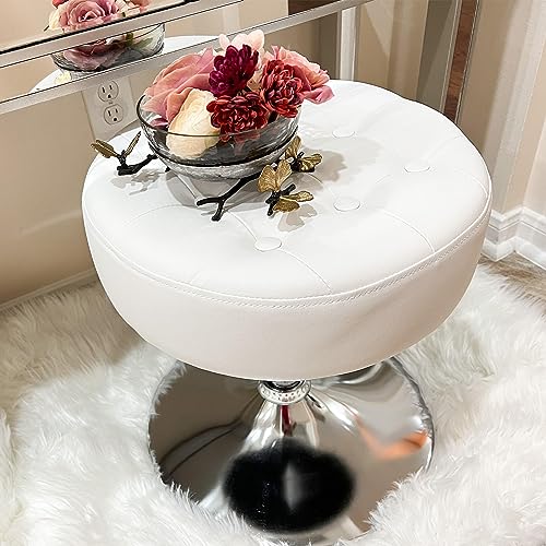 Furniliving Mid-Century Tufted Adjustable Swivel Makeup Ottoman Stool; Modern Big Size Round Vanity Stool Chair for Bedroom Living Room (White)