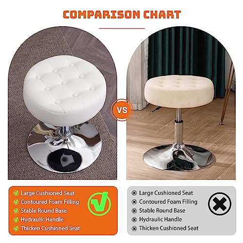 Furniliving Mid-Century Tufted Adjustable Swivel Makeup Ottoman Stool; Modern Big Size Round Vanity Stool Chair for Bedroom Living Room (White)