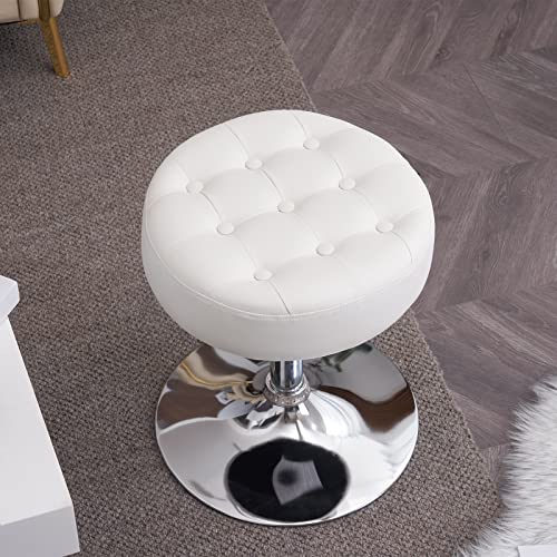 Furniliving Mid-Century Tufted Adjustable Swivel Makeup Ottoman Stool; Modern Big Size Round Vanity Stool Chair for Bedroom Living Room (White)