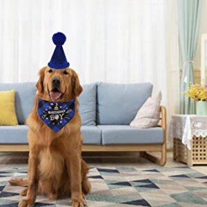 AULEGE Adorable Hat and Bandana Square Scarf for Dog Birthdays, Boy Dog Birthday Crown Hat for Small Medium Large Dog, Birthday Outfit and Decoration Supply Set, Royal Blue