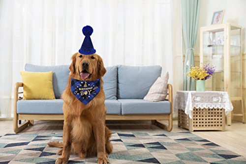 AULEGE Adorable Hat and Bandana Square Scarf for Dog Birthdays, Boy Dog Birthday Crown Hat for Small Medium Large Dog, Birthday Outfit and Decoration Supply Set, Royal Blue