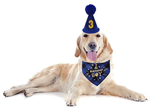 AULEGE Adorable Hat and Bandana Square Scarf for Dog Birthdays, Boy Dog Birthday Crown Hat for Small Medium Large Dog, Birthday Outfit and Decoration Supply Set, Royal Blue