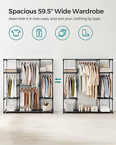 SONGMICS Portable Closet, Freestanding Closet Organizer, Clothes Rack with Shelves, Hanging Rods, Storage Organizer, for Cloakroom, Bedroom, 59.5 x 16.9 x 65.4 Inches, Black URYG036B02