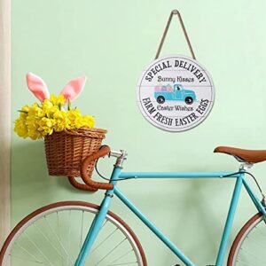 CYPREWOOD Easter Decoration Sign for the Home, 16" Large Farmhouse Wooden Easter Decor, Easter Signs for Door Hanger, Yard (Little Blue Truck Easter)