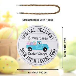 CYPREWOOD Easter Decoration Sign for the Home, 16" Large Farmhouse Wooden Easter Decor, Easter Signs for Door Hanger, Yard (Little Blue Truck Easter)