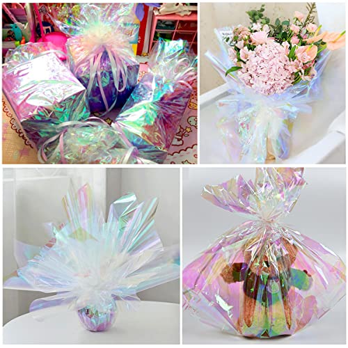 Giiffu Iridescent Film Cellophane Wrap Roll I 34 In Wide X 50 Ft Long I for Gift Baskets Flower Wrapping Paper Holographic Cellophane Easter Wrap Roll for Easter Gift Floral Bouquet Wrapping