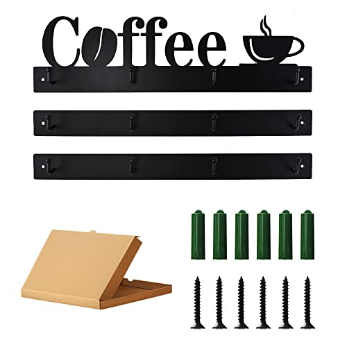 NAISQAQ Coffee Mug Holder Wall Mount with 12 Hooks, 3 Packs Metal Coffee Mug Rack with Coffee and Tea Sign, Tea Cup Hanger for Bar Kitchen Organizer Display, Coffee Corner Nook Decor, Black