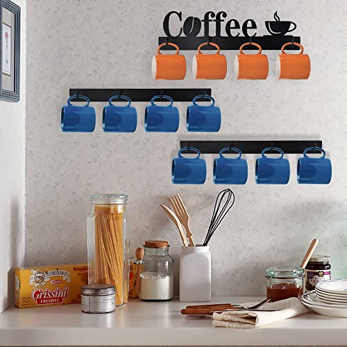 NAISQAQ Coffee Mug Holder Wall Mount with 12 Hooks, 3 Packs Metal Coffee Mug Rack with Coffee and Tea Sign, Tea Cup Hanger for Bar Kitchen Organizer Display, Coffee Corner Nook Decor, Black