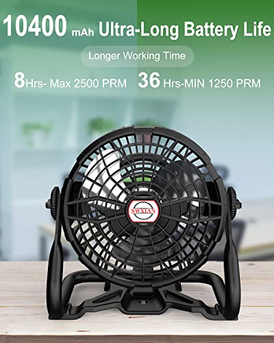 SWXIAN Camping Fan with Battery Operated, 10400mAh 8-Inch Rechargeable Outdoor Tent Fan, Stepless Speed and Quiet USB Battery Powered Fan for Picnic, Barbecue, Fishing, Travel (Black)