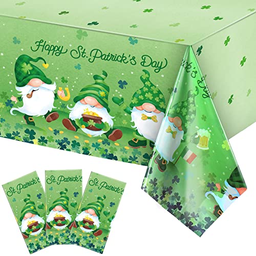 Tegeme 3 Pieces Happy St. Patrick's Day Tablecloths, Gnome Shamrock Pattern Table Covers Green Disposable Plastic Rectangular Table Cloth for Dinning Room Kitchen Party Decor, 108 x 54 Inches