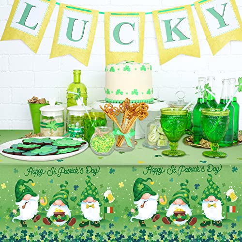 Tegeme 3 Pieces Happy St. Patrick's Day Tablecloths, Gnome Shamrock Pattern Table Covers Green Disposable Plastic Rectangular Table Cloth for Dinning Room Kitchen Party Decor, 108 x 54 Inches