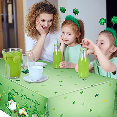 Tegeme 3 Pieces Happy St. Patrick's Day Tablecloths, Gnome Shamrock Pattern Table Covers Green Disposable Plastic Rectangular Table Cloth for Dinning Room Kitchen Party Decor, 108 x 54 Inches