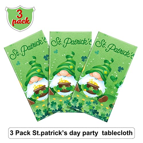 Tegeme 3 Pieces Happy St. Patrick's Day Tablecloths, Gnome Shamrock Pattern Table Covers Green Disposable Plastic Rectangular Table Cloth for Dinning Room Kitchen Party Decor, 108 x 54 Inches