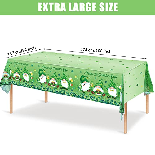 Tegeme 3 Pieces Happy St. Patrick's Day Tablecloths, Gnome Shamrock Pattern Table Covers Green Disposable Plastic Rectangular Table Cloth for Dinning Room Kitchen Party Decor, 108 x 54 Inches