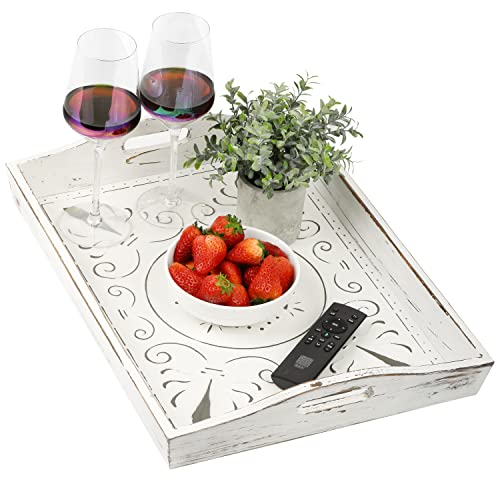 Cookaburrah Decorative Wooden Serving Tray with Handles, Rustic Tray Embossed with Metal, Rectangular Serving Tray for Ottoman, Perfect for Home, Restaurant, Farmhouse Decor (White)